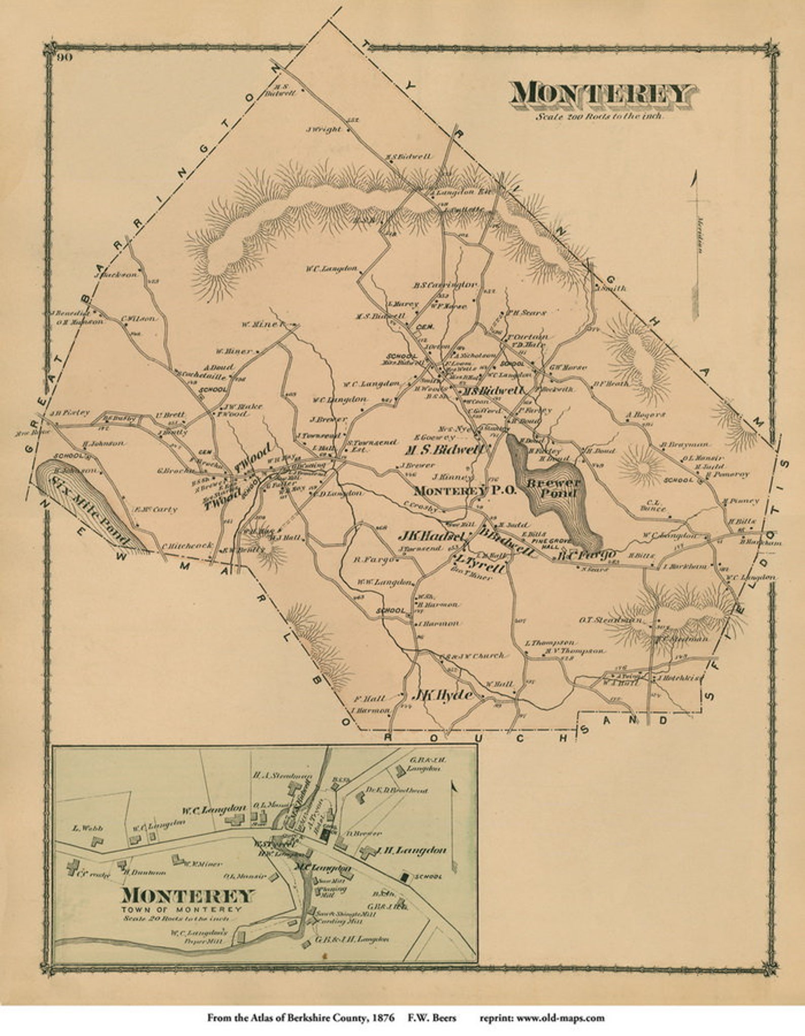 Monterey 1876 Old Town Map Reprint Monterey Village Berkshire County ...