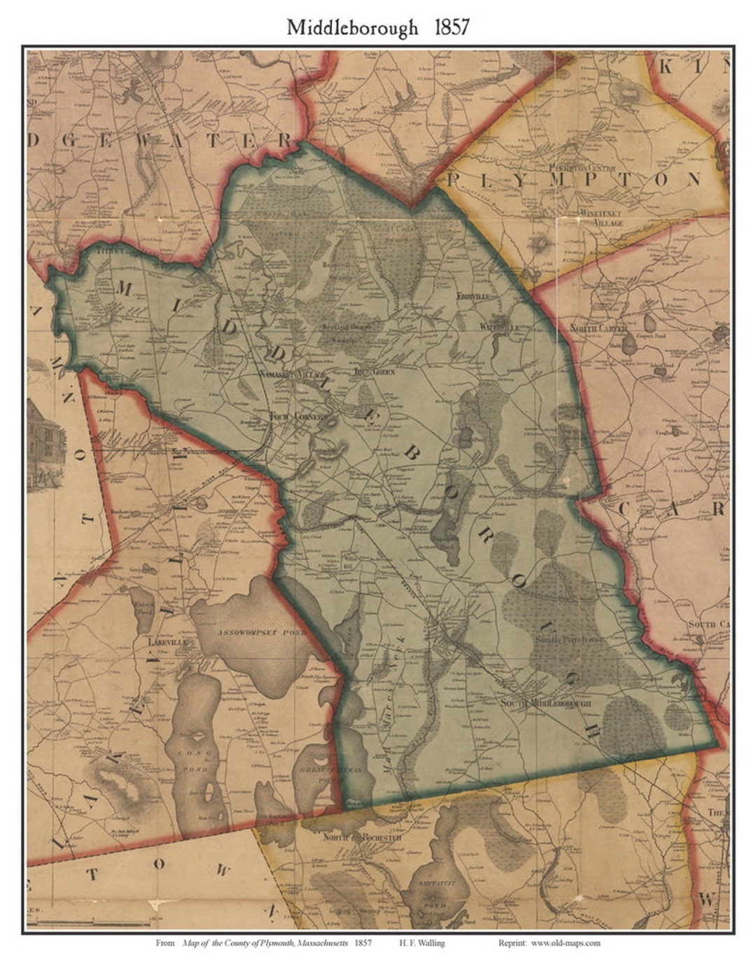 Middleborough 1857 Old Town Map With Homeowner Names Massachusetts ...