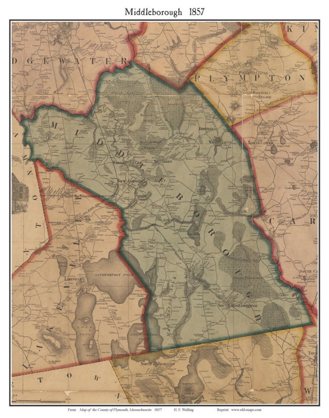 Middleborough 1857 Old Town Map With Homeowner Names Massachusetts ...