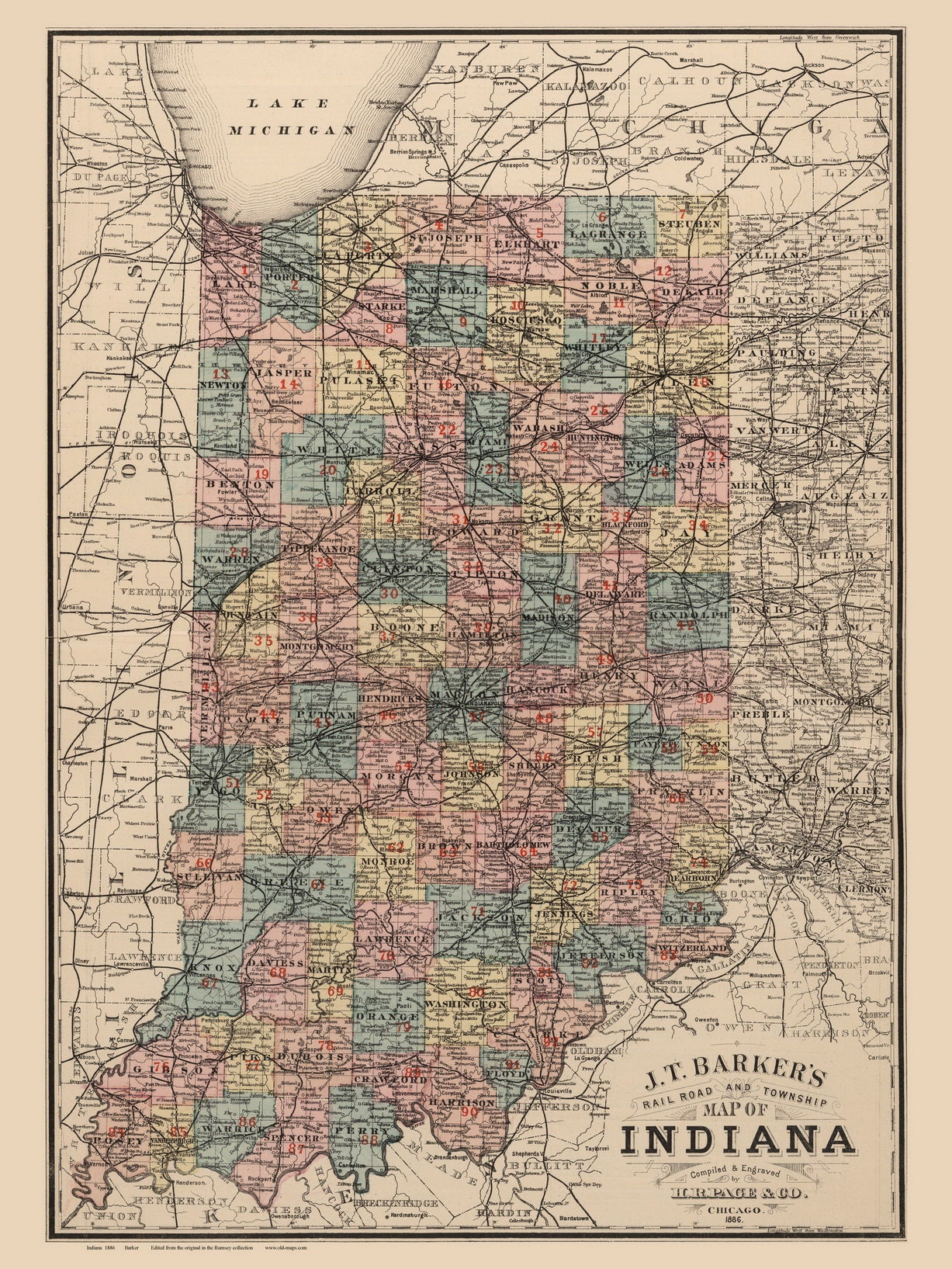 Indiana 1886 Old State Map Barker Reprint - Etsy
