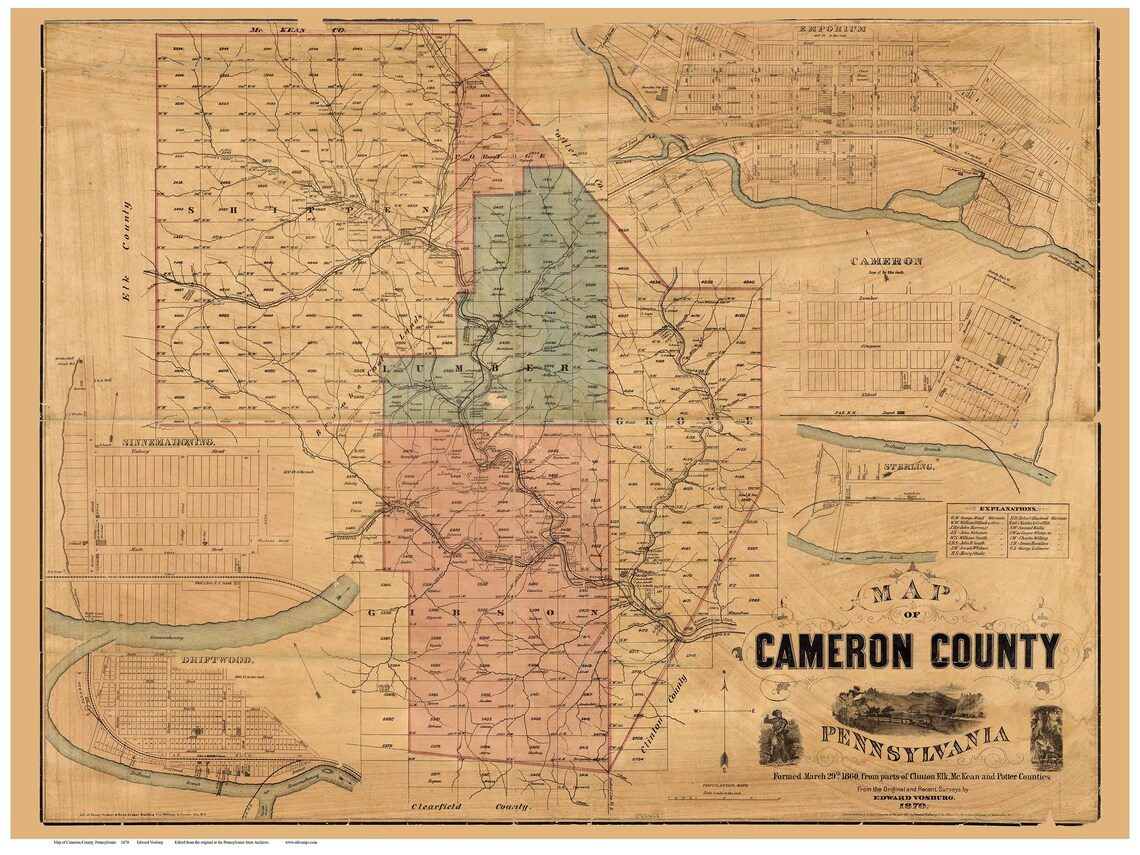 Cameron County Pennsylvania 1870 Old Wall Map With Homeowner - Etsy