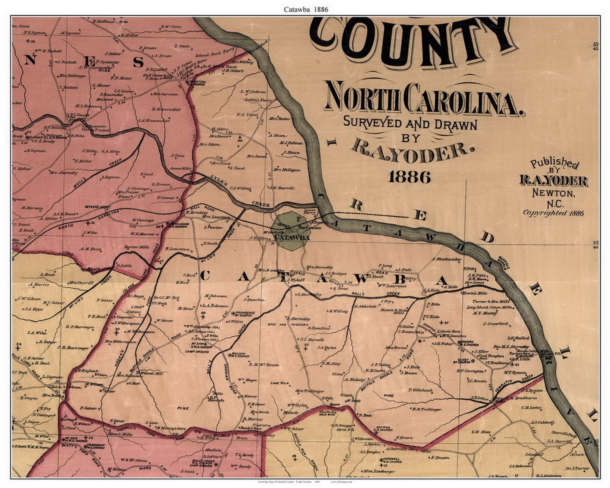 Catawba 1886 Old Town Map With Homeowner Names - North Carolina ...
