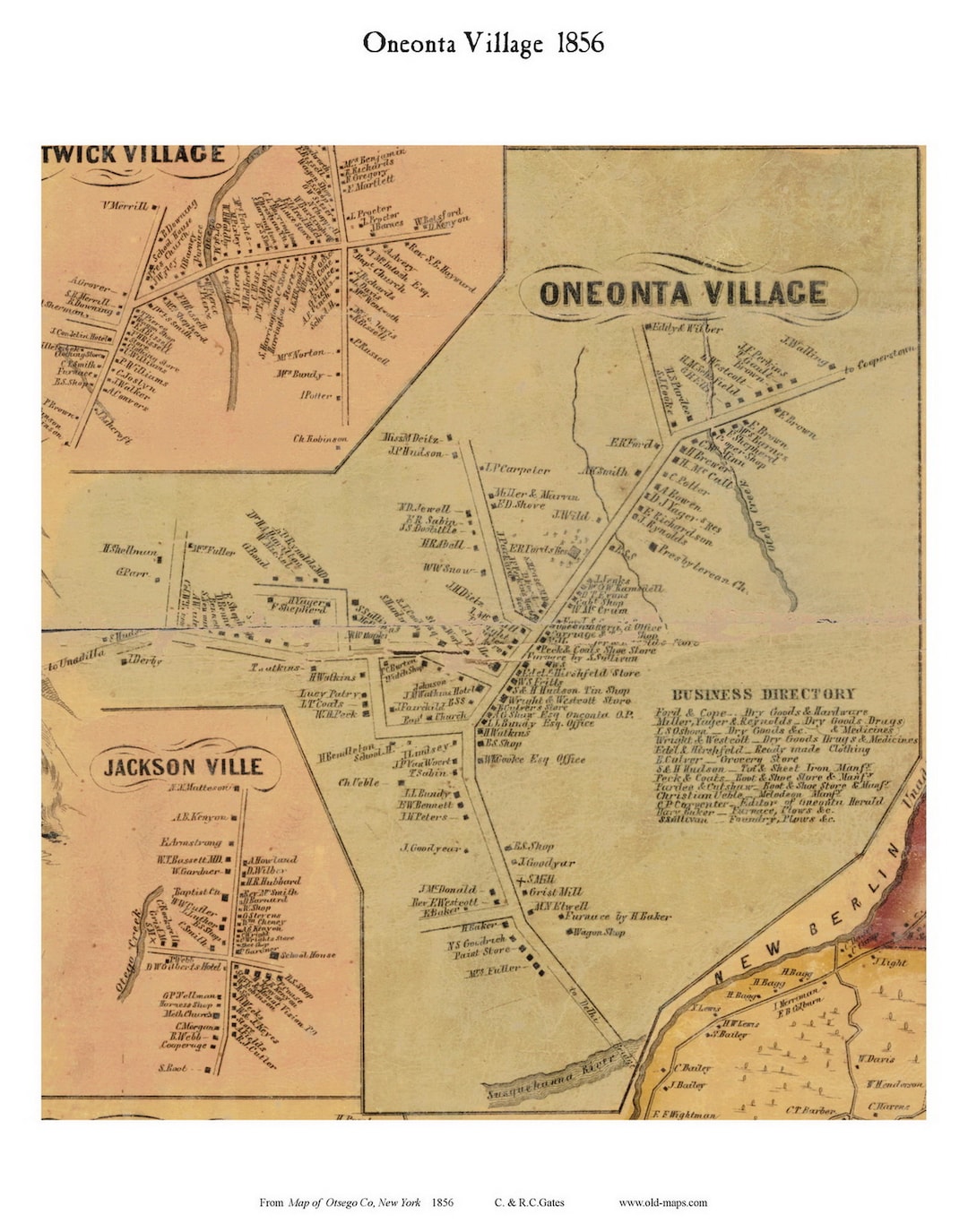 Oneonta Village 1856 Old Town Map With Homeowner Names New York ...