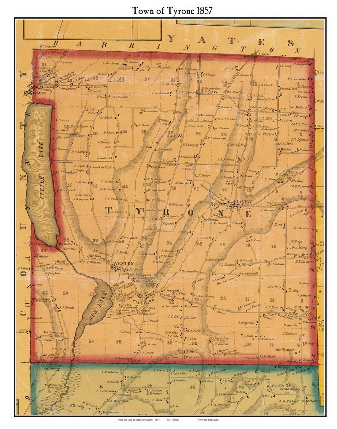 Tyrone 1857 Old Town Map With Homeowner Names New York Little Lake ...