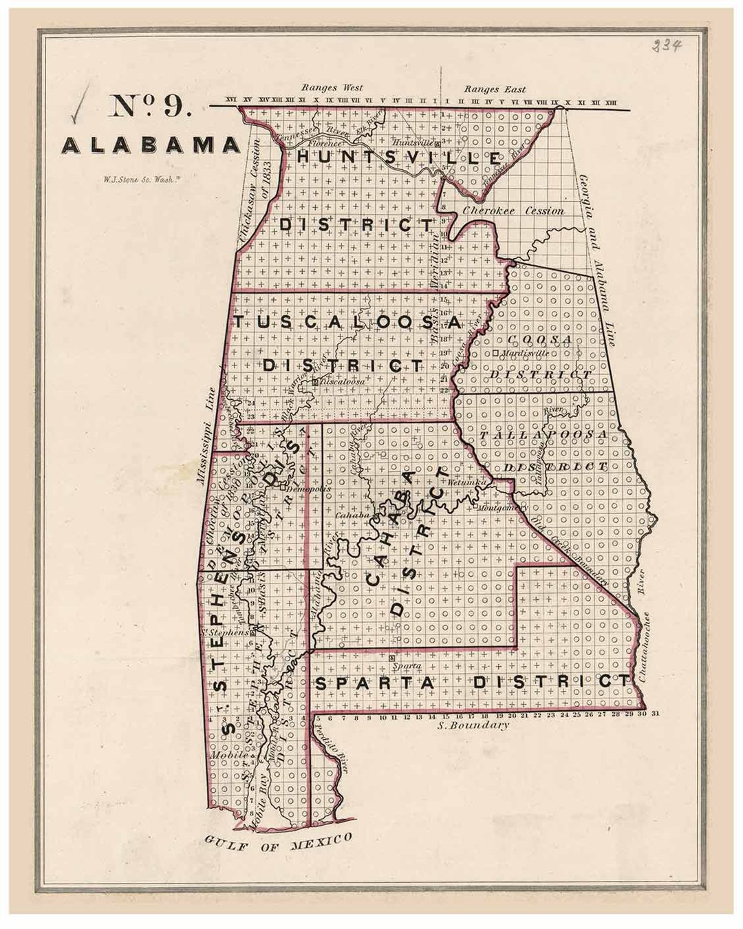 Alabama Land Office Map 1843 - Lots and Districts Old Map Reprinted ...