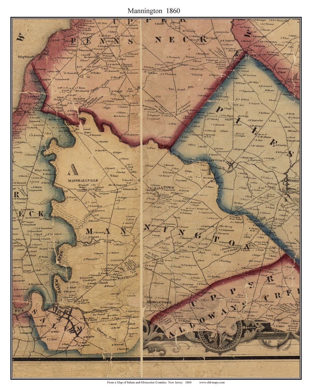 Mannington 1860 Old Town Map With Homeowner Names New Jersey - Reprint ...