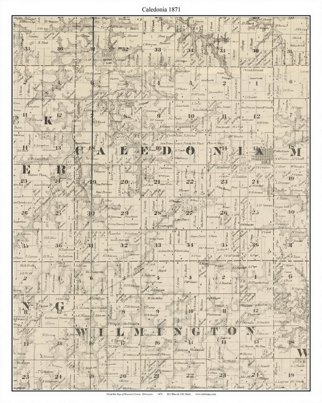 Caledonia - 1871 - Old Town Map With Homeowner Names Minnesota ...