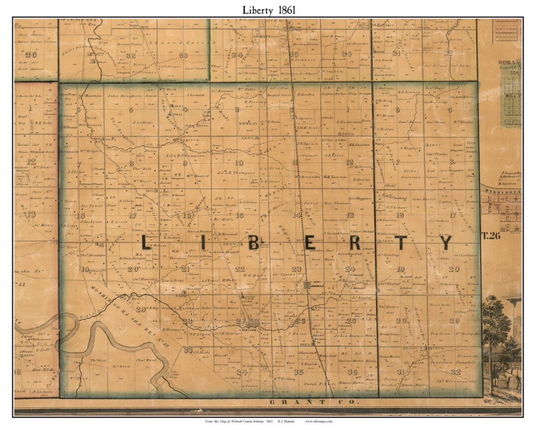 Liberty 1861 Old Town Map With Homeowner Names Indiana - Reprint ...