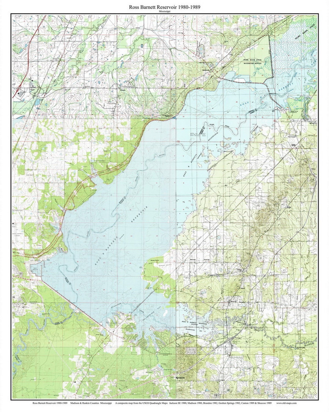 Ross Barnett Reservoir 1980-1989 Old Topographic Map USGS Custom ...