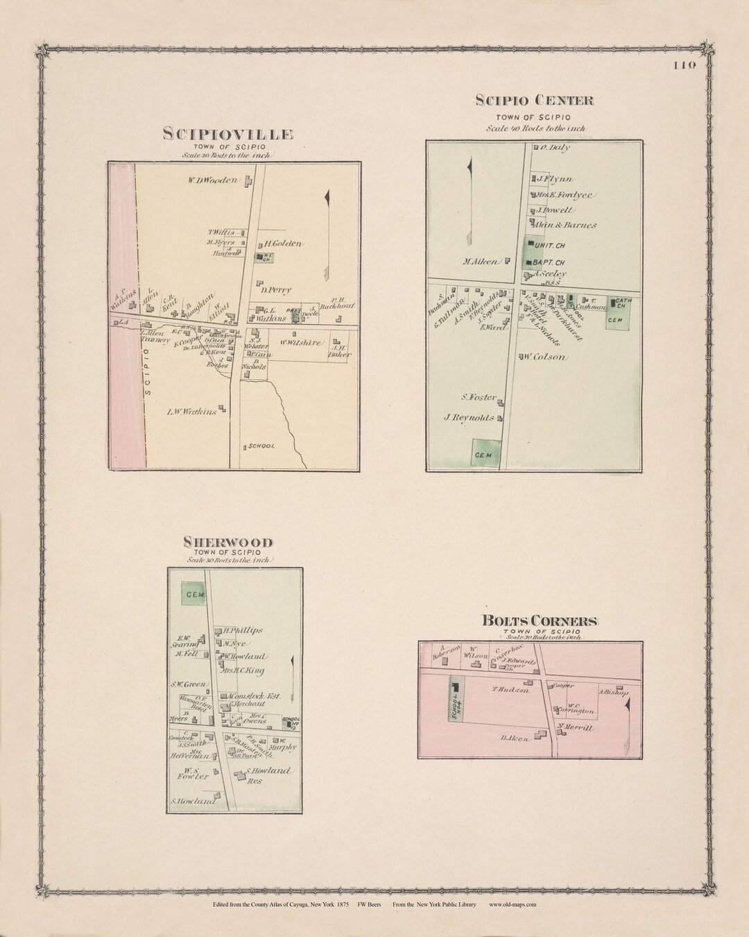 Scipio Villages 1875 Map Sherwood Bolts Corners Scipioville Center ...