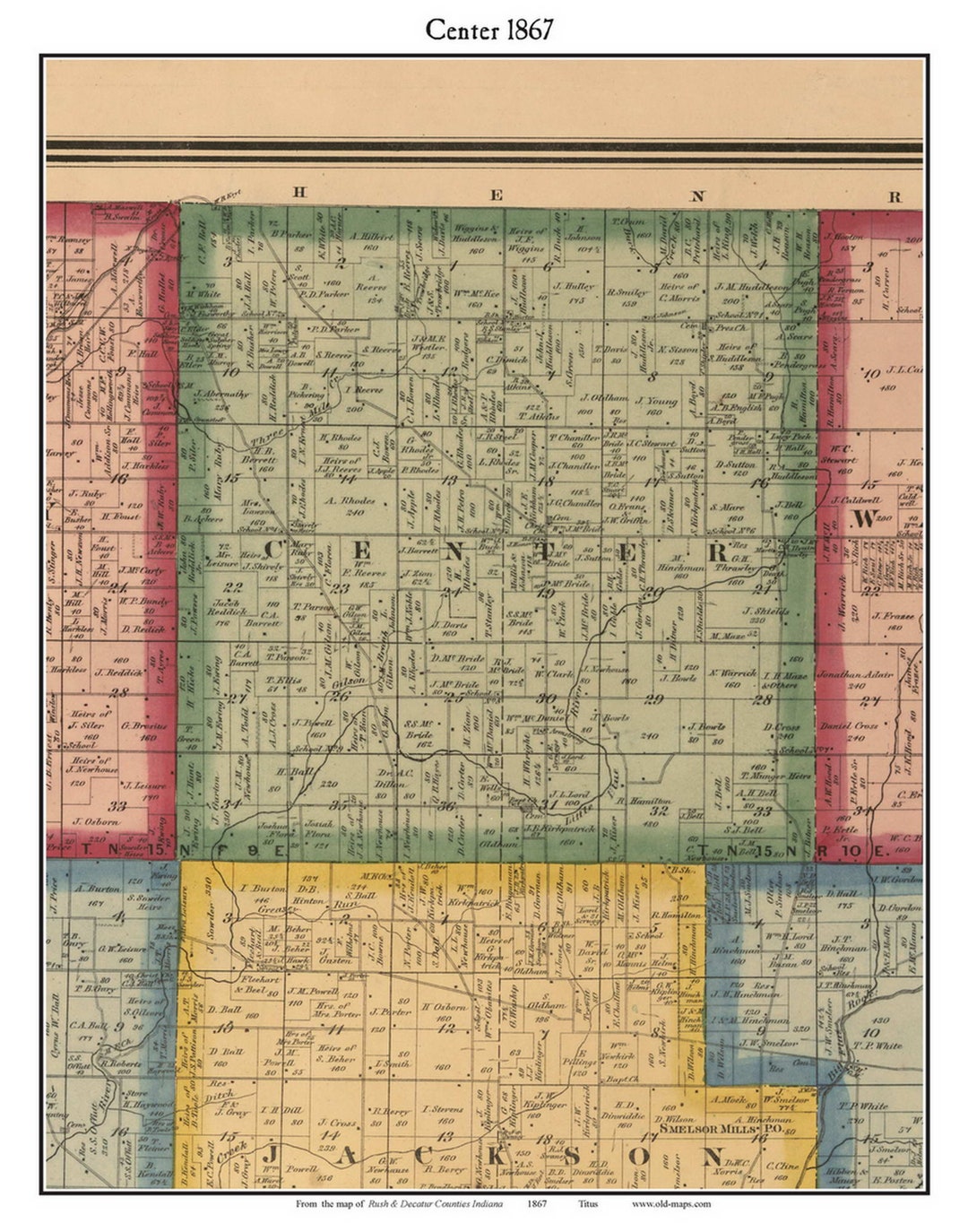 Center 1867 Old Town Map With Homeowner Names Indiana - Reprint ...