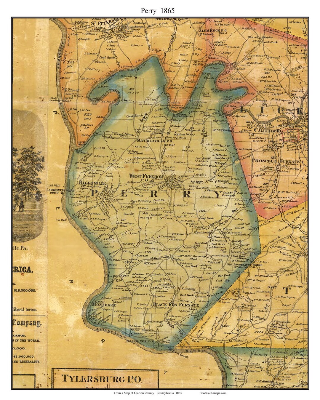 Perry Township 1865 Old Town Map With Homeowner Names - Pennsylvania ...