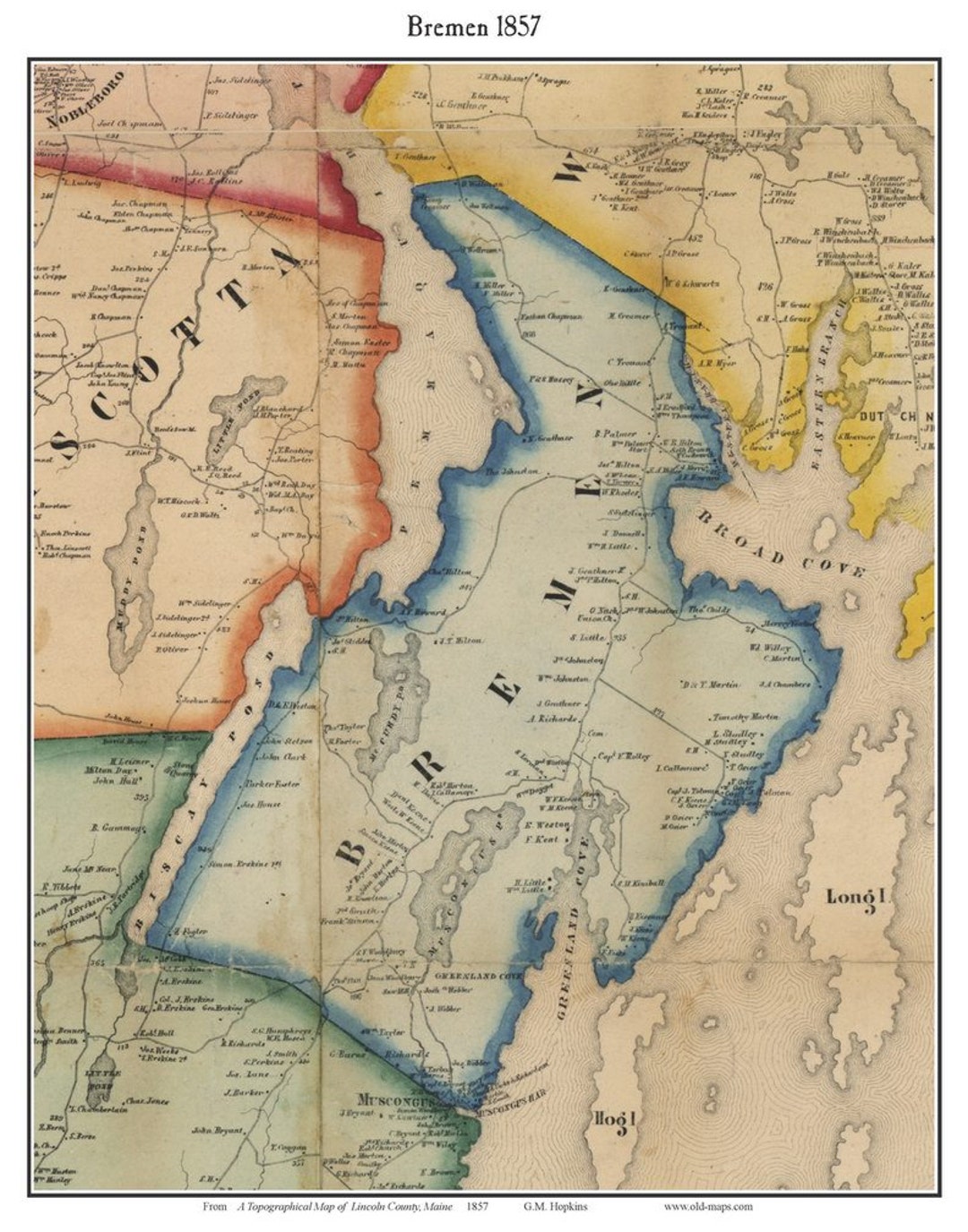 Bremen 1857 Old Town Map With Homeowner Names Maine Muscongus Harbor ...