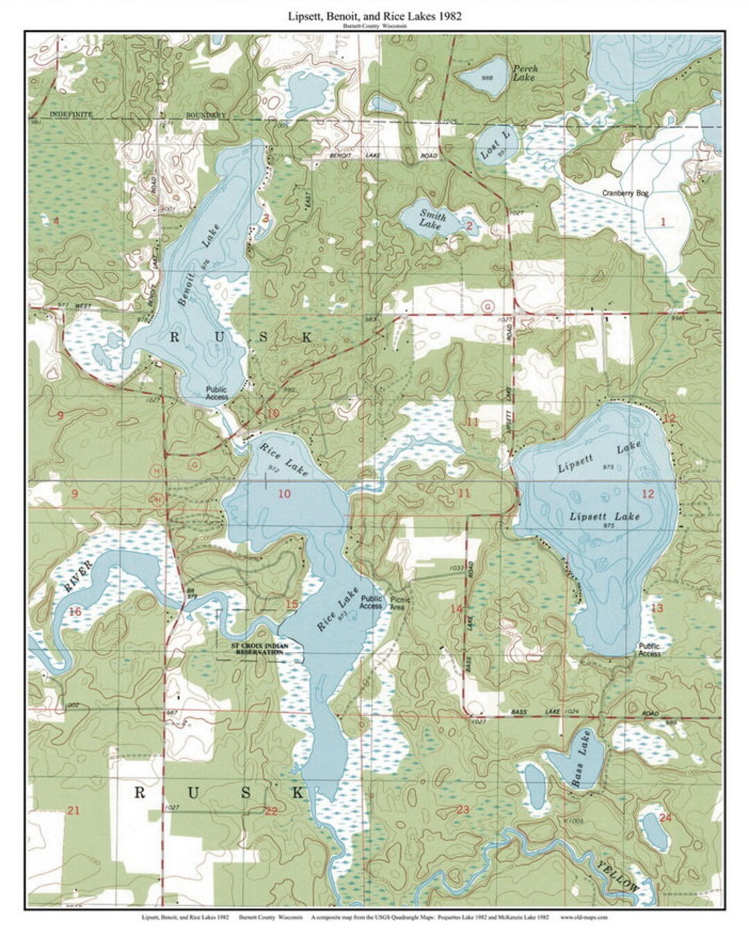 Lipsett Lake and Benoit Lake 1982 Rice Lake Burnett County - USGS Old ...