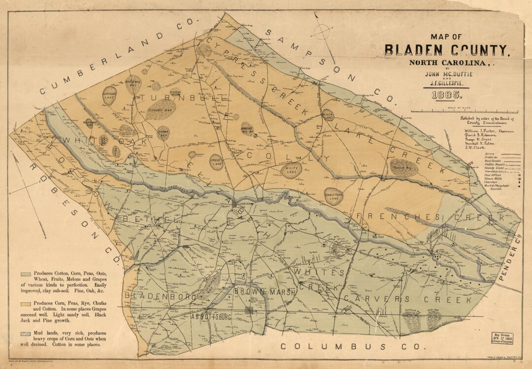 Bladen County North Carolina 1885 - Old Wall Map With Homeowner Names ...