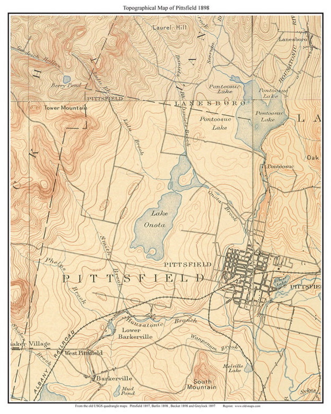 Pittsfield 1898 Old Topographical Map Massachusetts USGS - Reprint ...