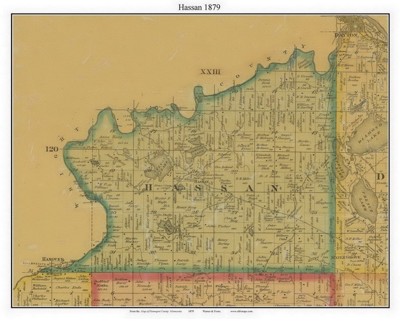 Hassan 1879 Old Town Map With Homeowner Names Minnesota - Reprint ...