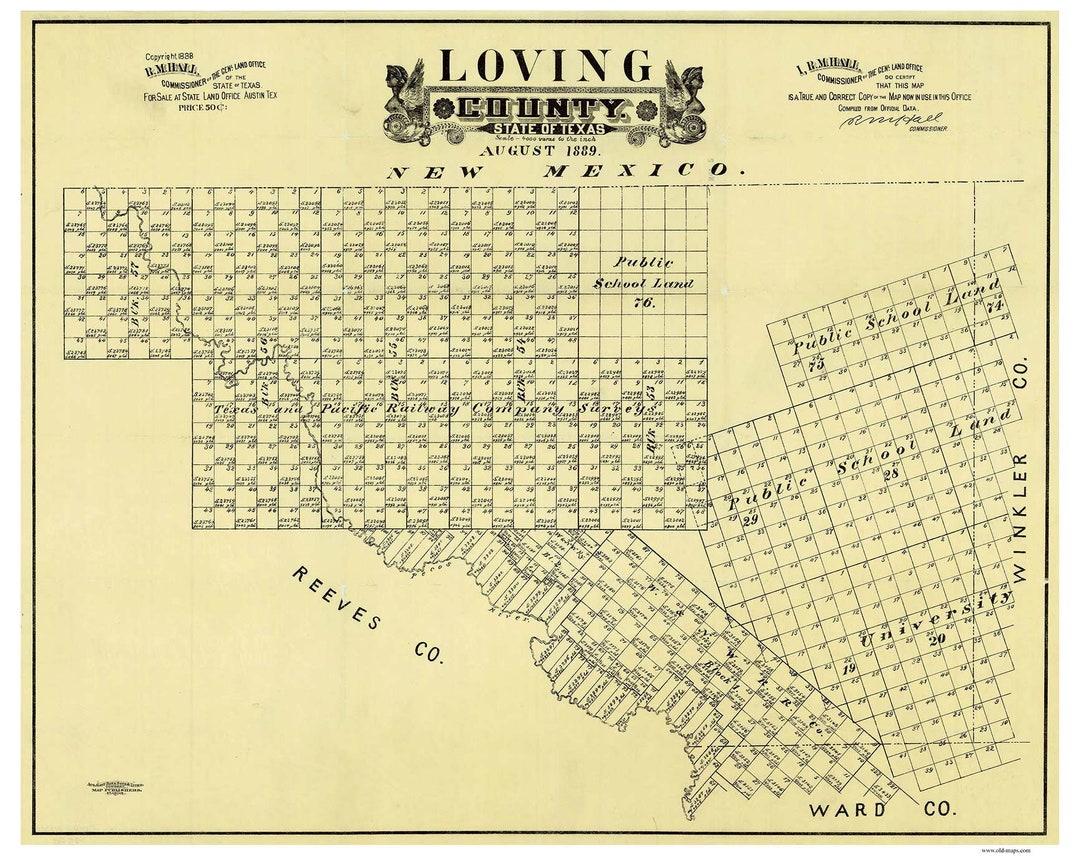 Loving County, Texas - 1889 Copy A - Old Wall Map Reprint With Land ...