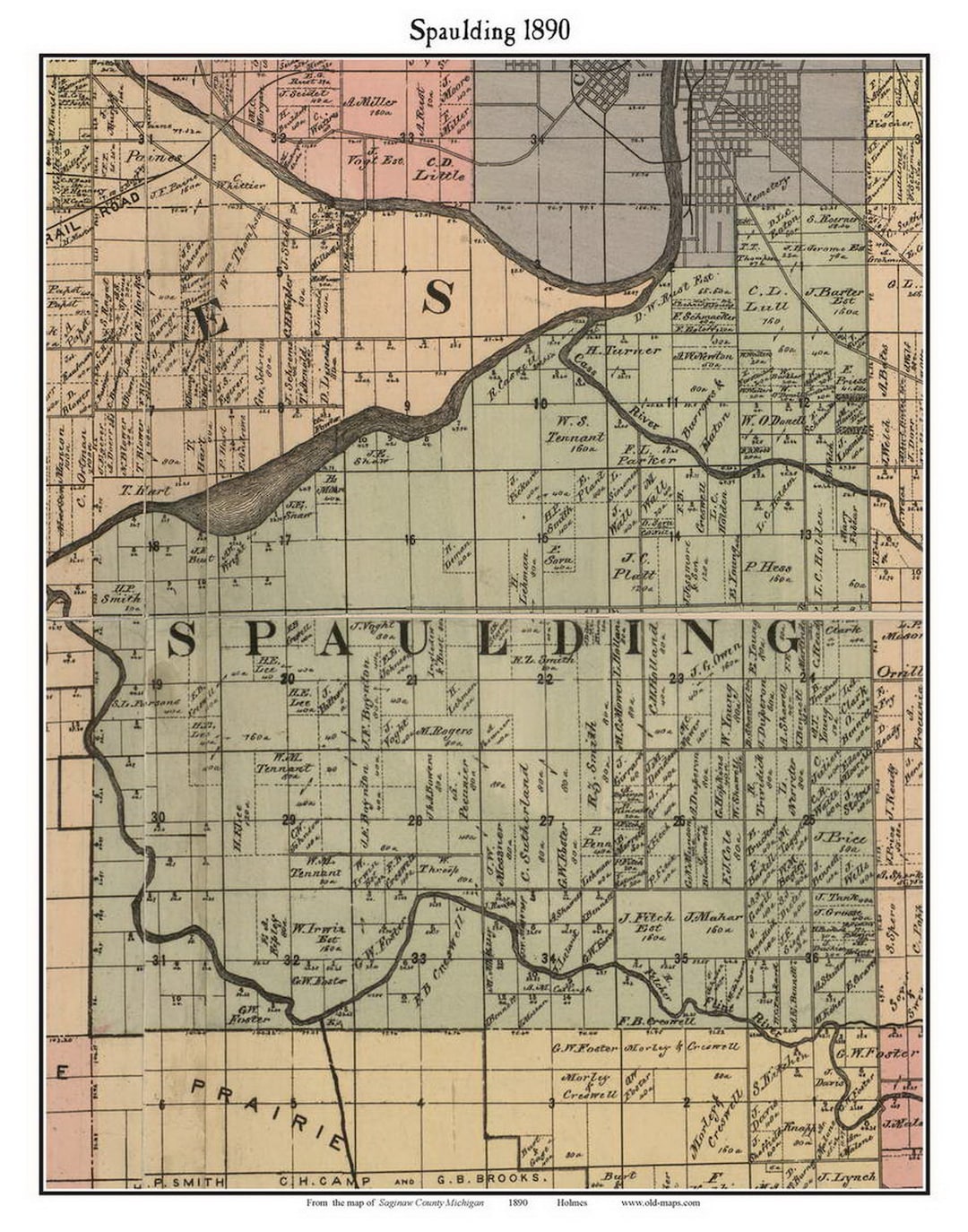 Spaulding 1890 Old Town Map With Homeowner Names - Michigan - Reprint ...