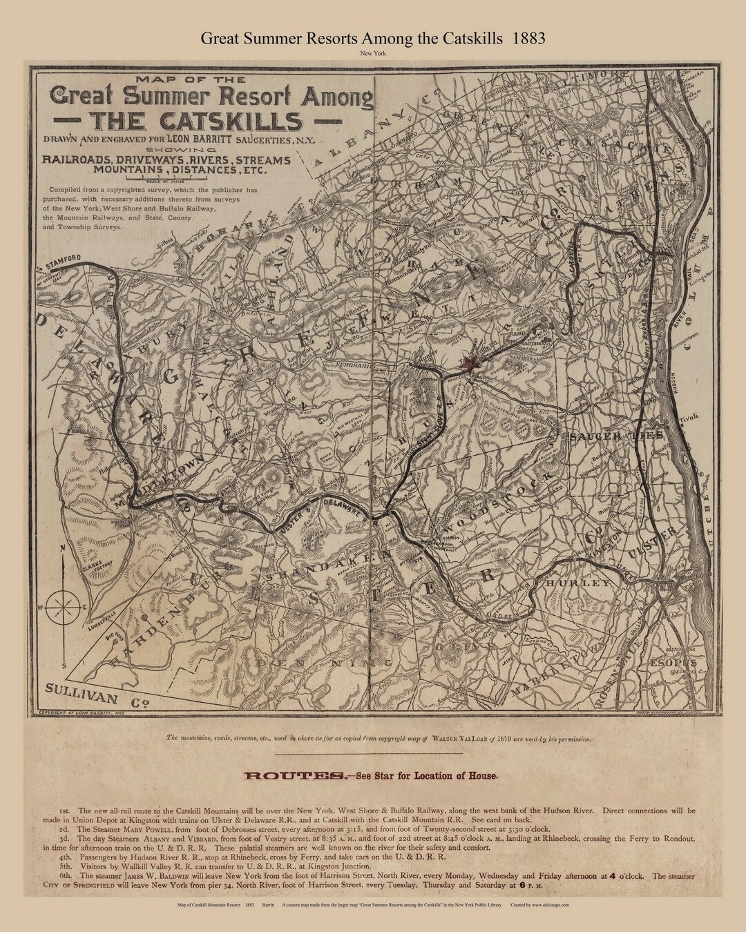 The Catskills 1883 Old Map - Historic - Custom Print New York Regional ...
