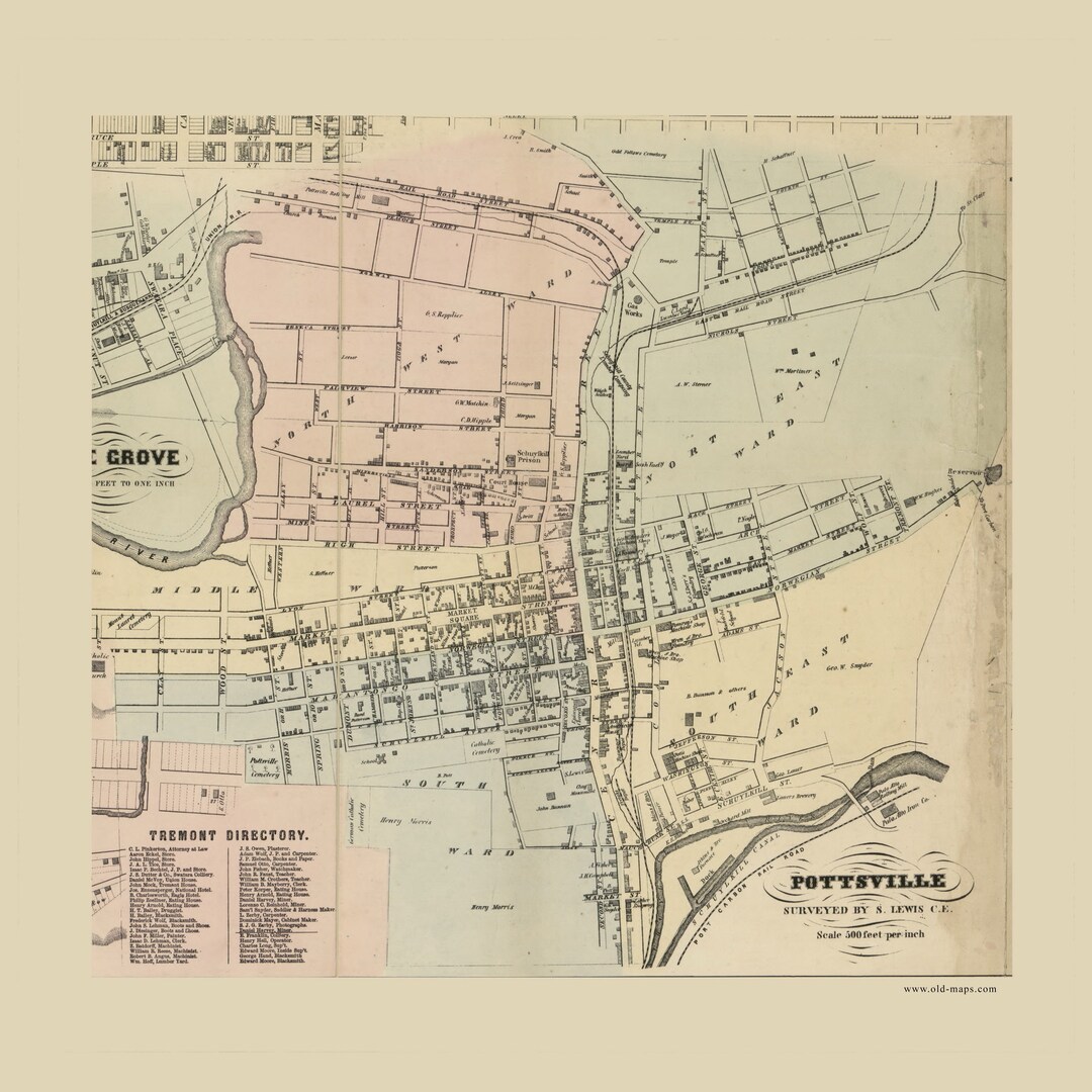 Pottsville Borough 1864 Old Town Map With Homeowner Names ...