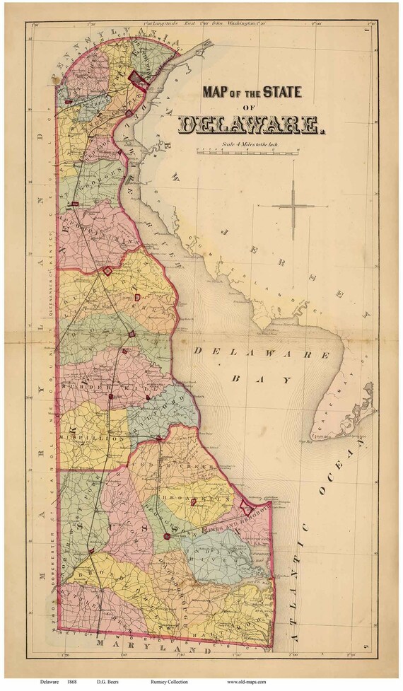 Delaware State Map 1868 Old Map Reprint | Etsy