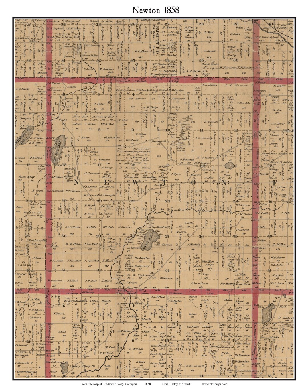 Newton 1858 Old Town Map With Homeowner Names - Coltons Lake - Lees ...