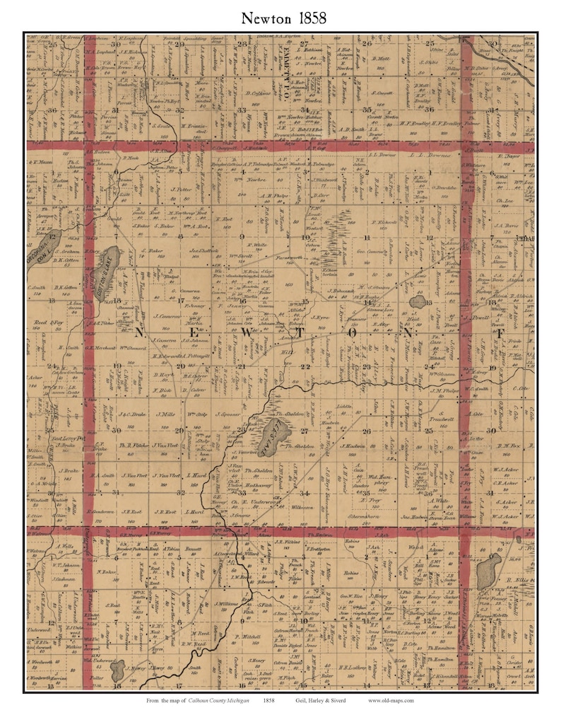 Newton 1858 Old Town Map With Homeowner Names - Coltons Lake - Lees ...