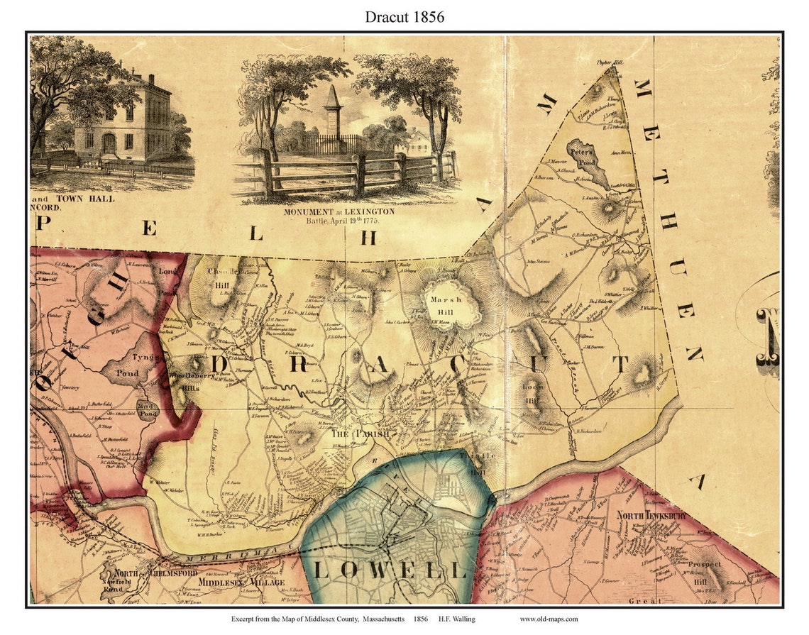 Dracut 1856 Old Town Map With Homeowner Names Massachusetts the Parish ...