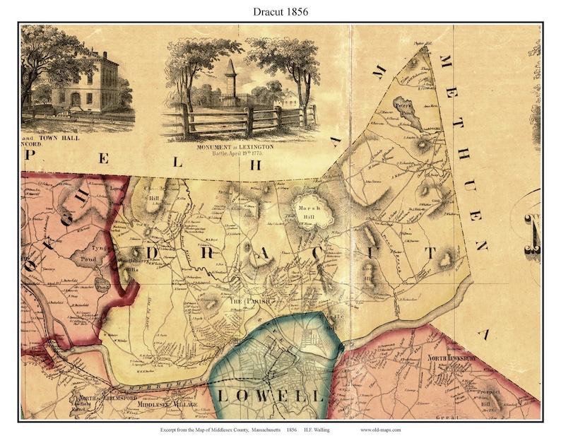 Dracut 1856 Old Town Map With Homeowner Names Massachusetts the Parish ...