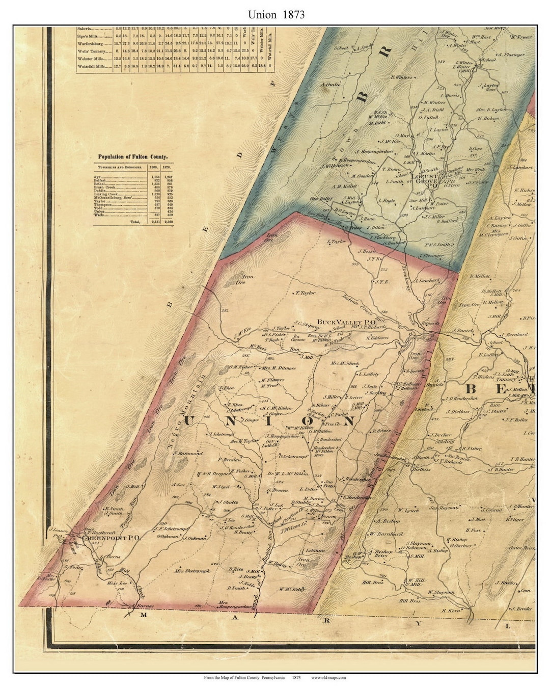 Union 1873 - Old Town Map - Pennsylvania - Reprint Genealogy - Fulton ...