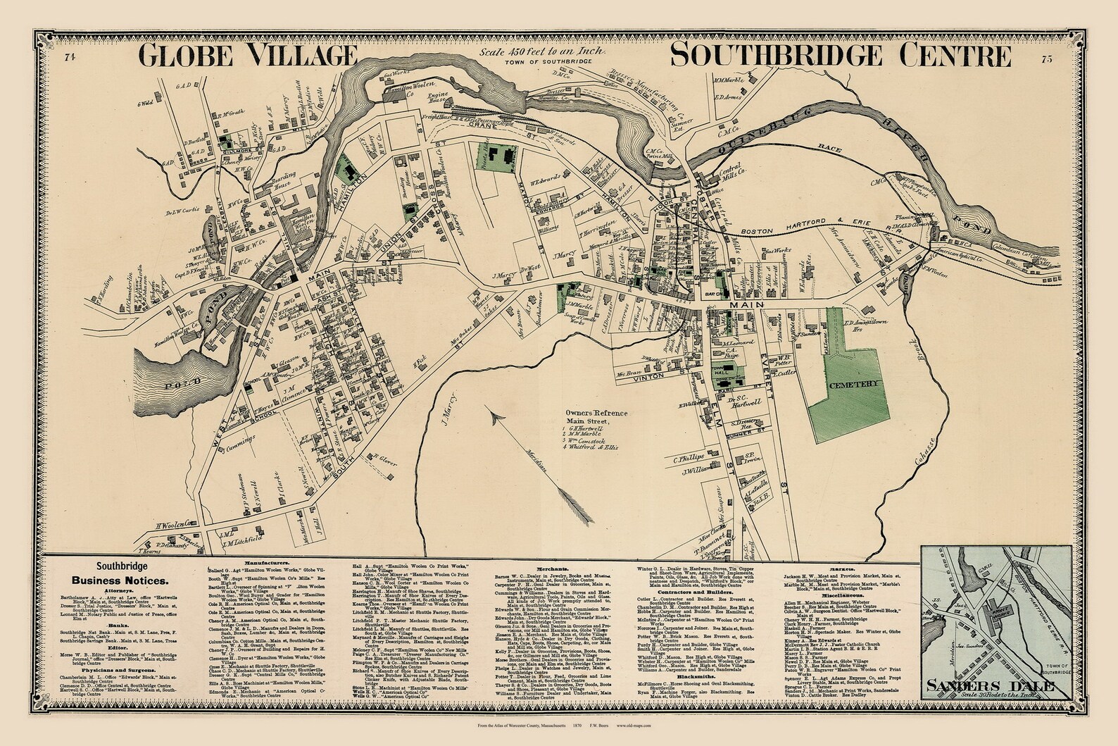 Globe & Southbridge Villages 1870 Old Town Map With Homeowner Names ...