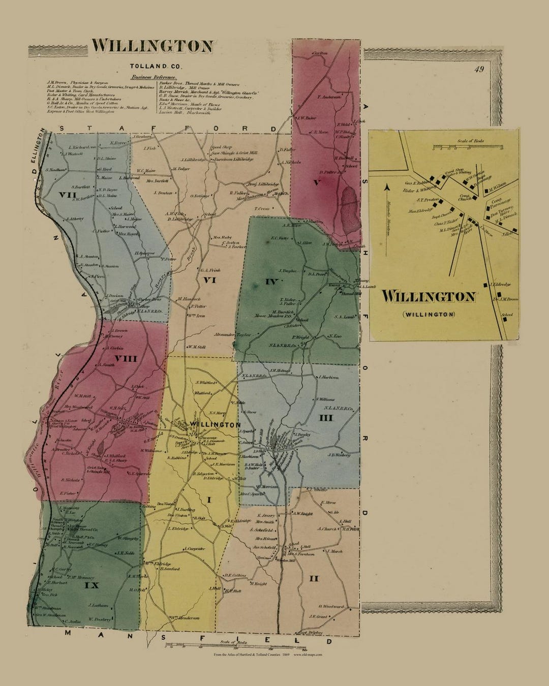 Willington 1869 Old Town Map With Homeowner Names Connecticut - Reprint ...
