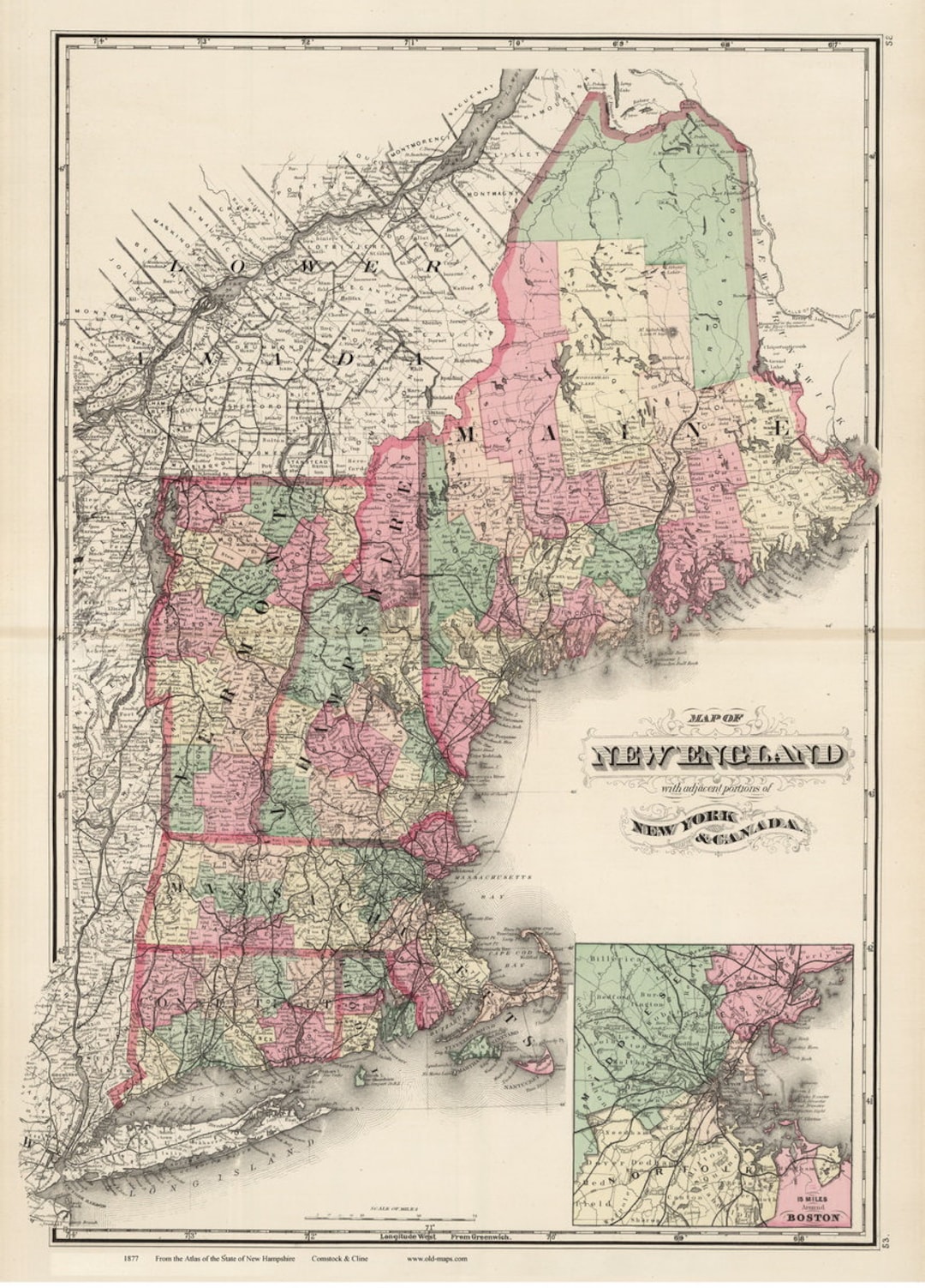 New England in 1877 Old Map Topographic Reprint Showing Towns, Counties ...