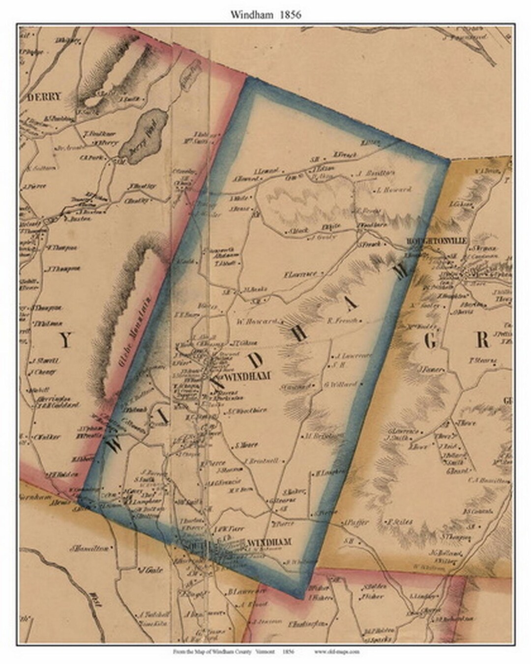 Windham 1856 Old Town Map With Homeowner Names Vermont - Reprint ...