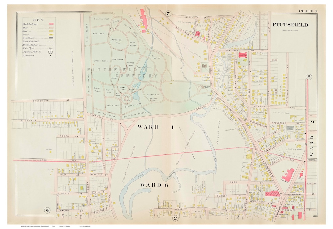 Pittsfield (wards 1 & 6) - 1904 - Old Town Street Map Reprint, Cemetery ...