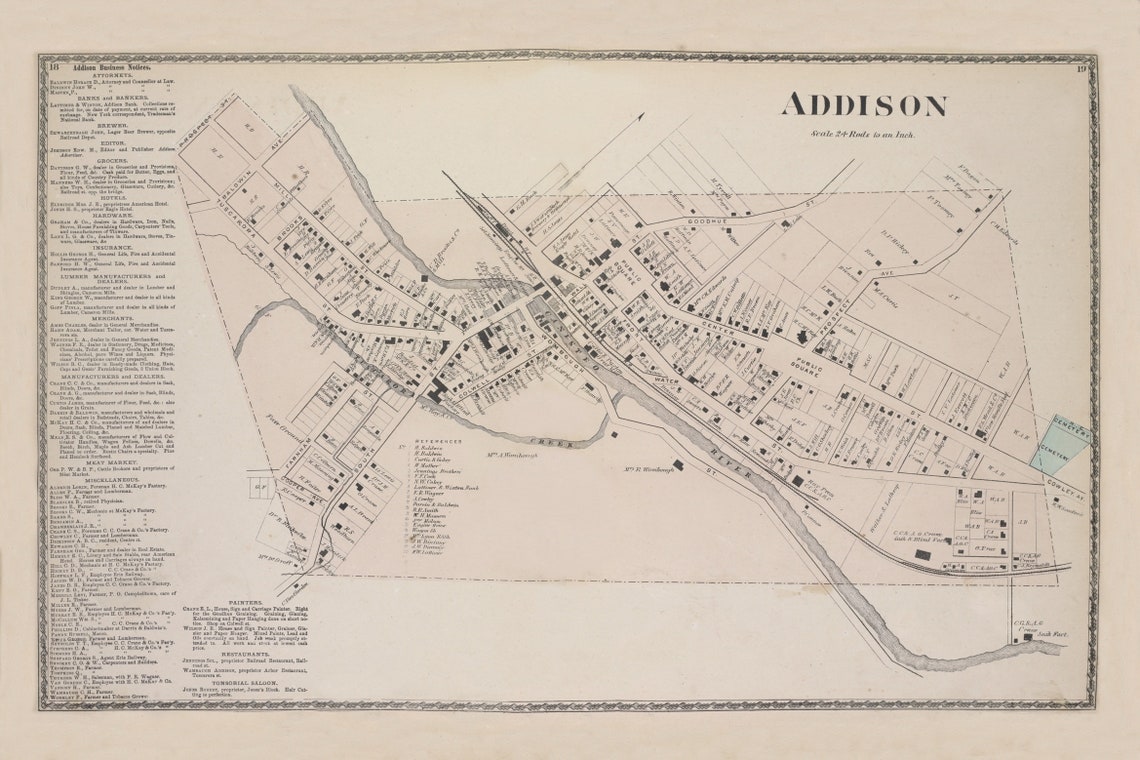 Addison Village 1873 Map Homeowner Names Reprint Steuben Co | Etsy