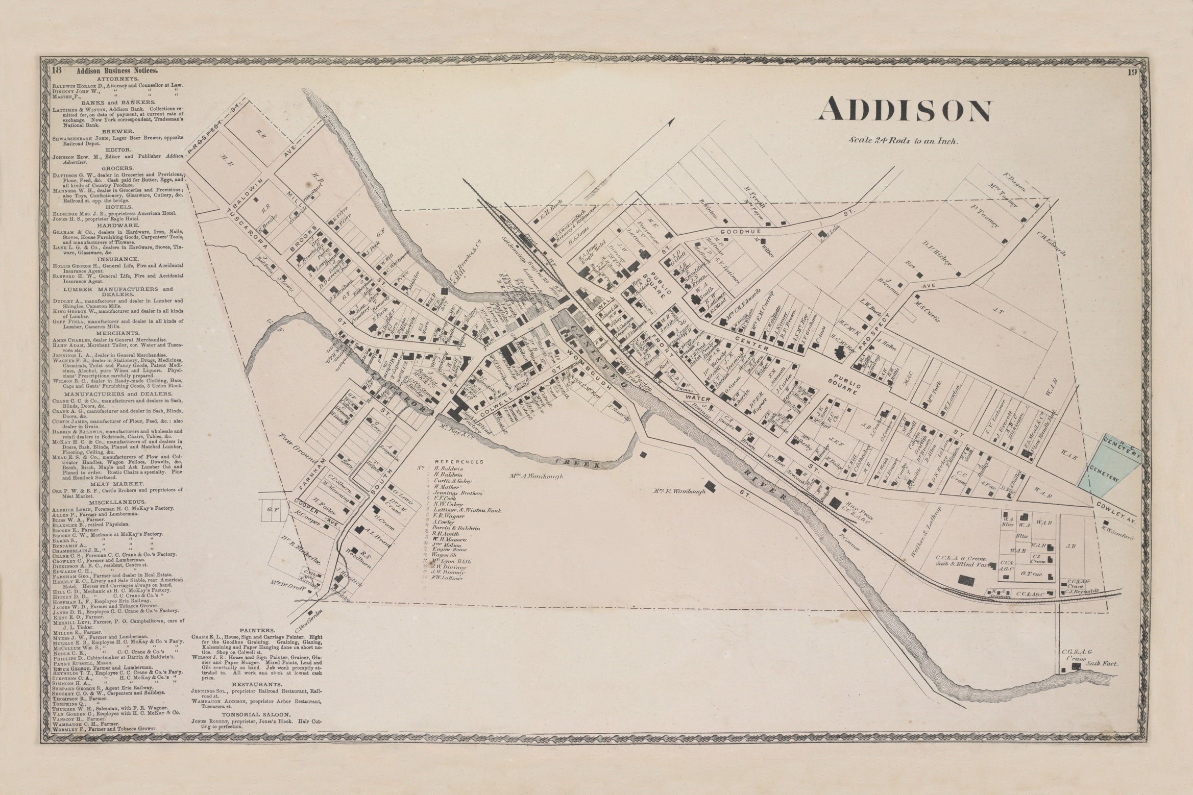Addison Village 1873 Map Homeowner Names Reprint Steuben Co - Etsy