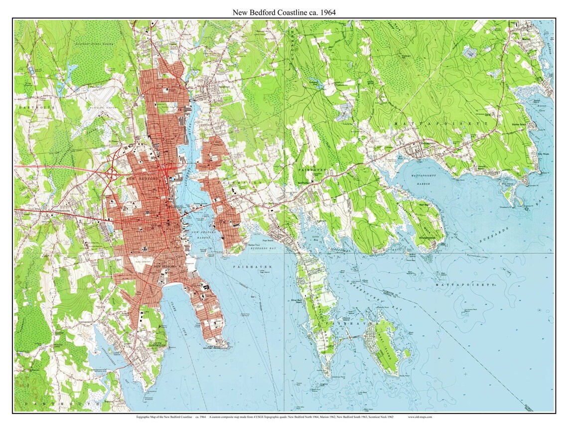 New Bedford Coastline 1964 Old Topo Map custom Composite - Etsy