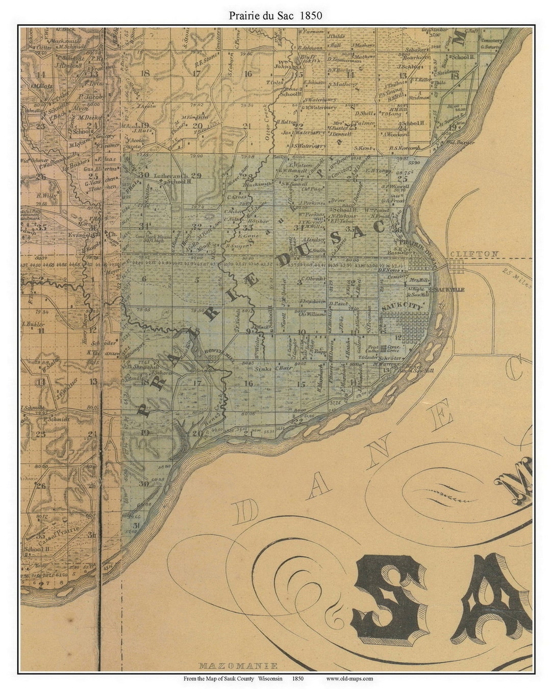 Prairie Du Sac 1850 - Old Town Map With Homeowner Names - Sauk City ...