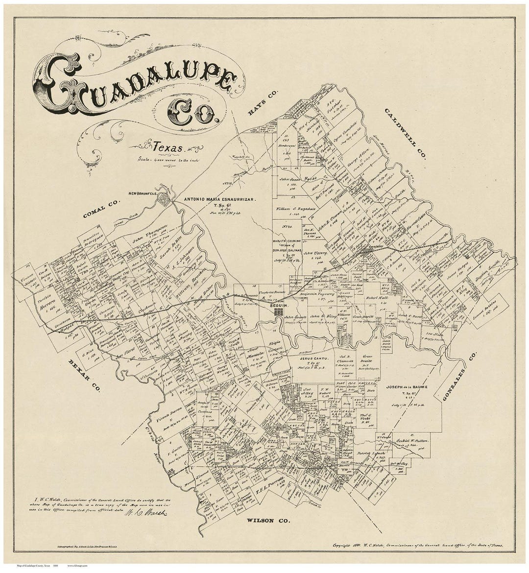 Guadalupe County, Texas - 1880 - Old Wall Map Reprint With Land Owners ...