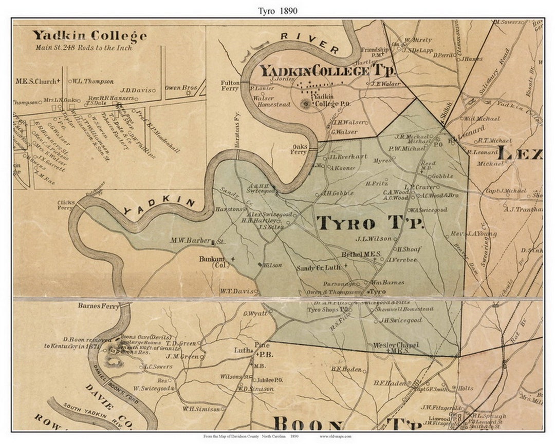 Tyro 1890 Old Town Map With Homeowner Names - North Carolina - Reprint ...