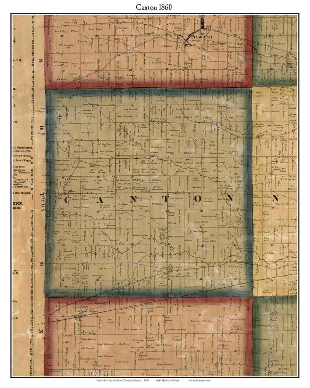 Canton 1860 Old Town Map With Homeowner Names - Michigan - Reprint ...