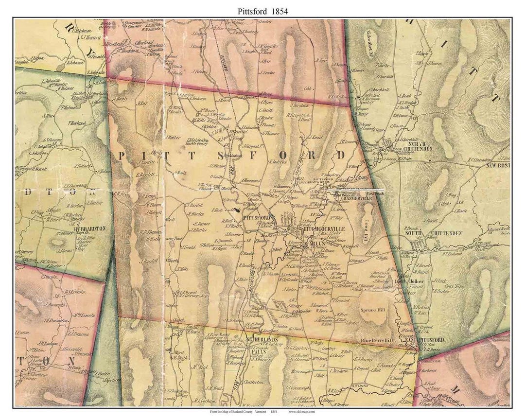 Pittsford 1854 Old Town Map With Homeowner Names - Vermont - Rutland ...