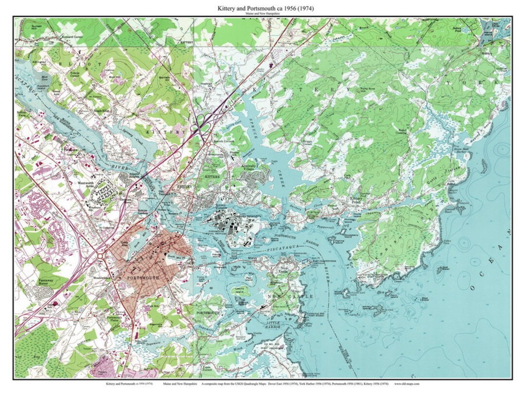 Kittery and Portsmouth 1956 (1974) Old Topographic Map USGS Custom ...
