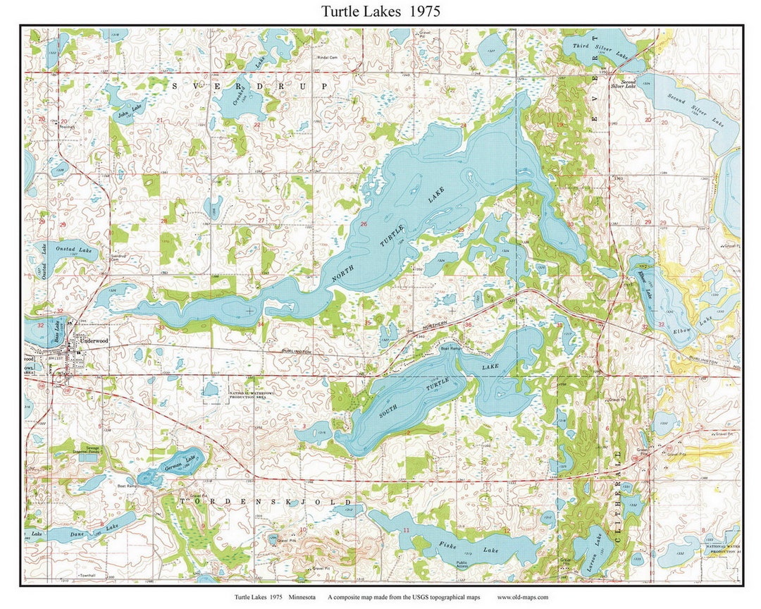 Turtle Lakes - 1975 Map Reprint- Silver Lake - Fiske Lake - Elbow Lake ...