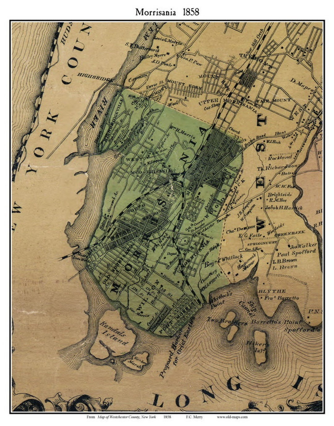 Morrisania 1858 Old Town Map With Homeowner Names New York Port Morris ...
