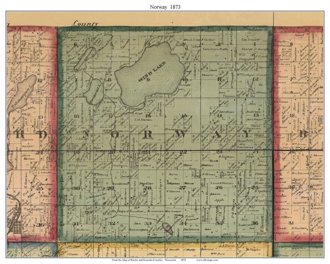 Norway 1873 - Old Town Map With Homeowner Names - Wind Lake - Wisconsin ...