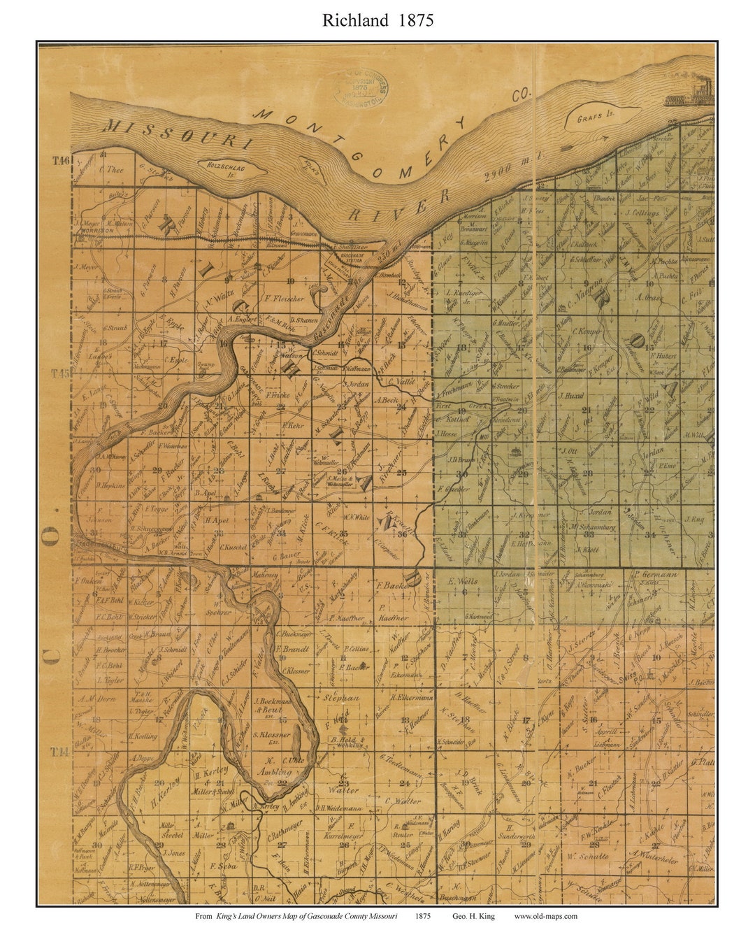Richland 1875 Old Town Map With Homeowner Names Missouri Gasconade ...