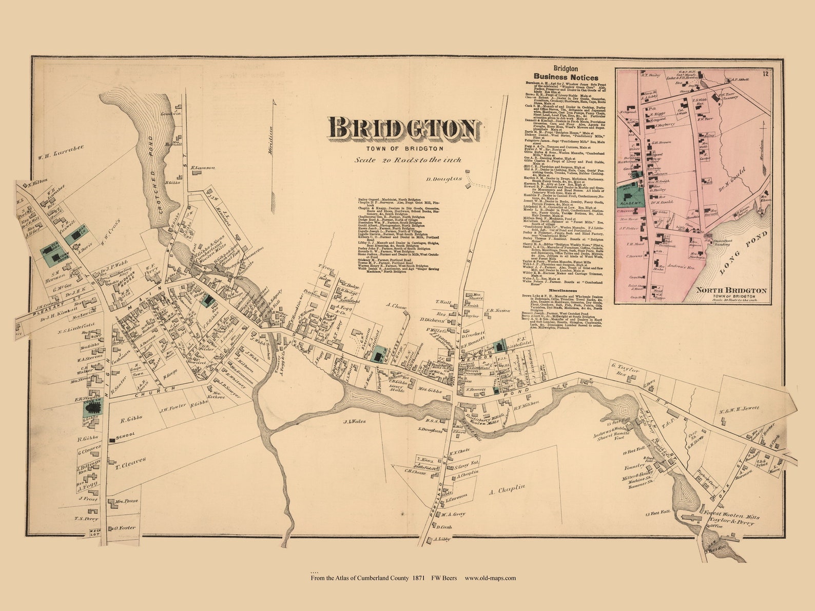 Bridgton Village 1871 Map North Bridgton Homeowner Names Reprint ...